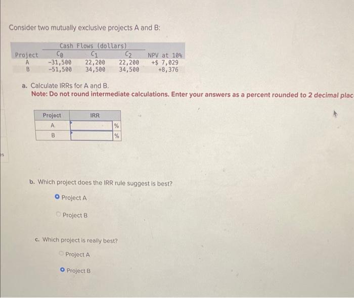 Solved Consider two mutually exclusive projects A and B : a. | Chegg.com