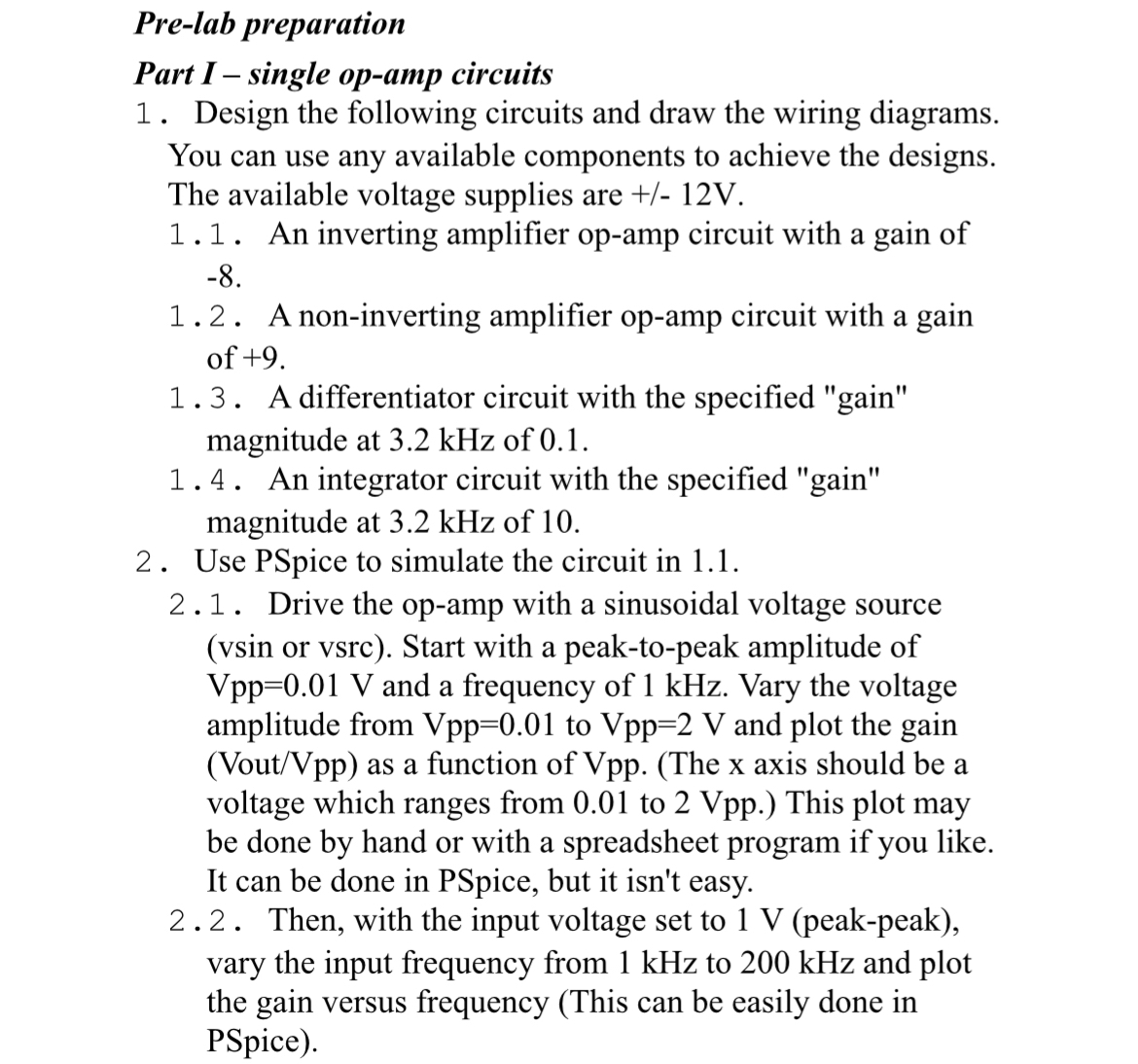 Solved Pre-lab preparationPart I - ﻿single op-amp | Chegg.com