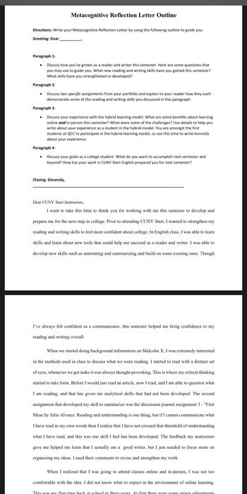 Metacognitive Reflection Letter Outline Directions | Chegg.com