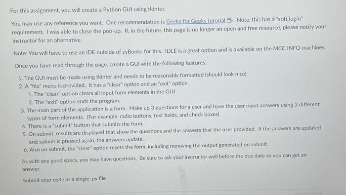 For this assignment, you will create a Python GUI | Chegg.com