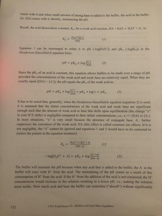 EXPERIMENT 12 BUFFERS AND ACID/BASE EQUILIBRIA Weak | Chegg.com
