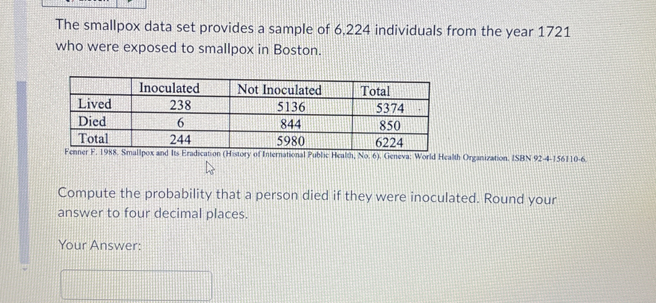 Solved The smallpox data set provides a sample of 6,224 | Chegg.com