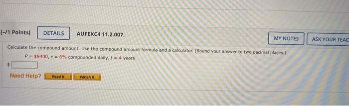 Solved [-/1 Points] DETAILS AUFEXC4 11.2.007. MY NOTES | Chegg.com