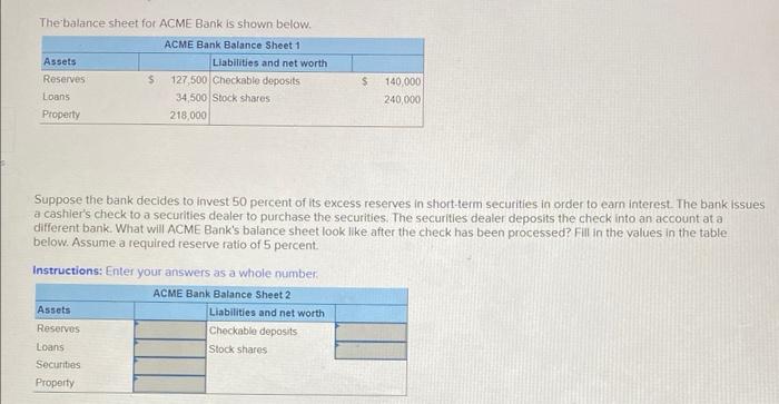Solved The balance sheet for ACME Bank is shown below. | Chegg.com