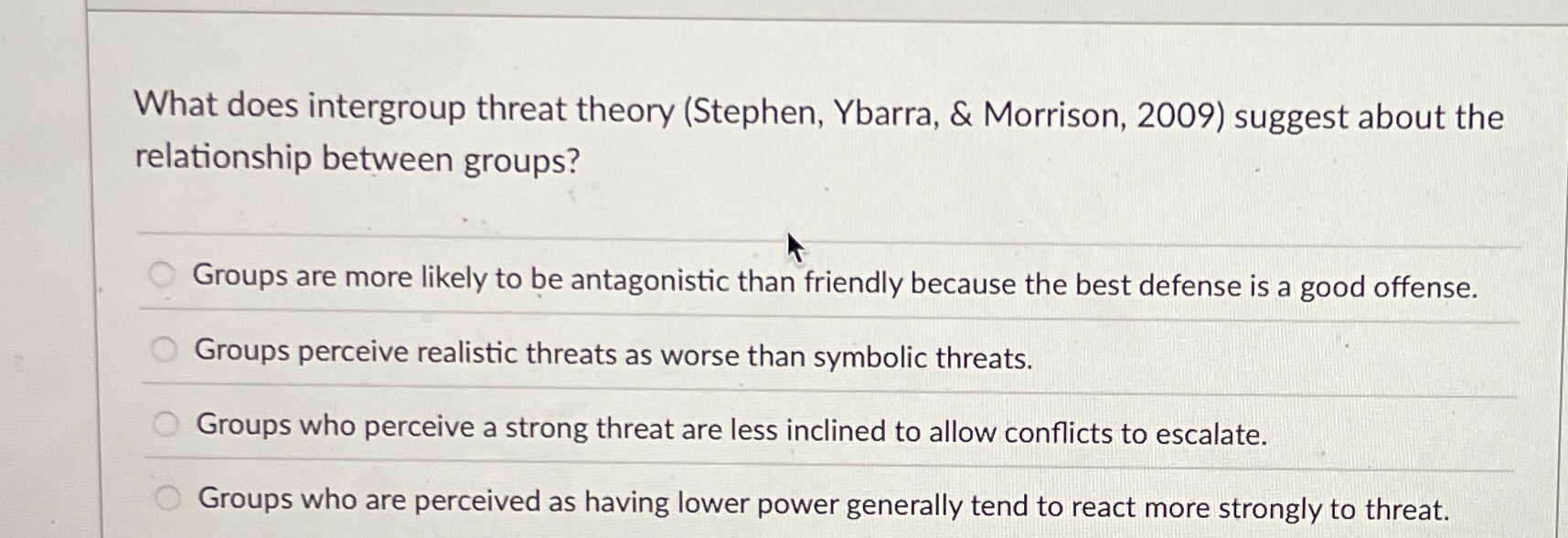 Solved What does intergroup threat theory (Stephen, ﻿Ybarra, | Chegg.com