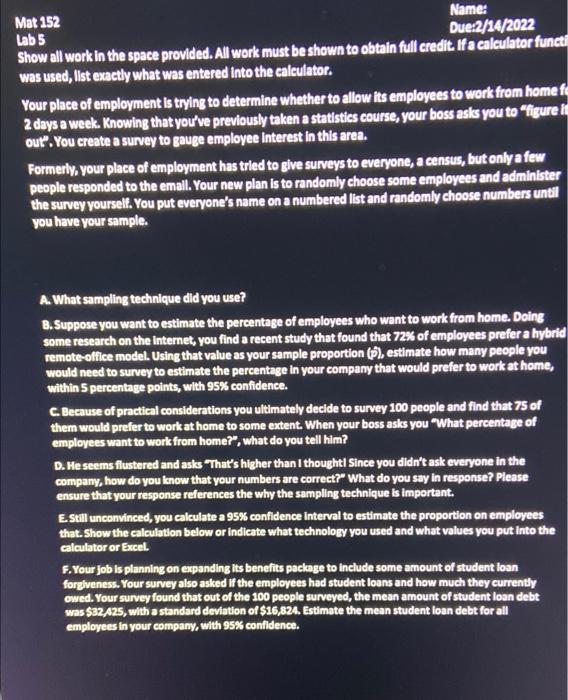 Solved Mat 152 Name: Lab 5 Due:2/14/2022 Show all work in | Chegg.com