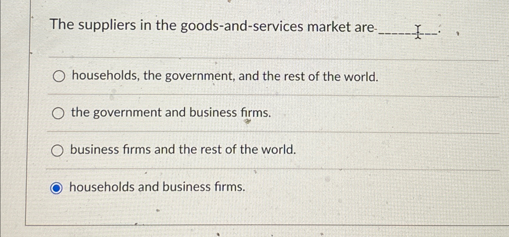 Solved The suppliers in the goods-and-services market | Chegg.com