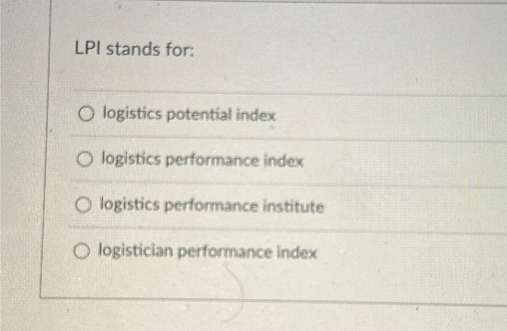Solved LPI stands for:logistics potential indexlogistics | Chegg.com