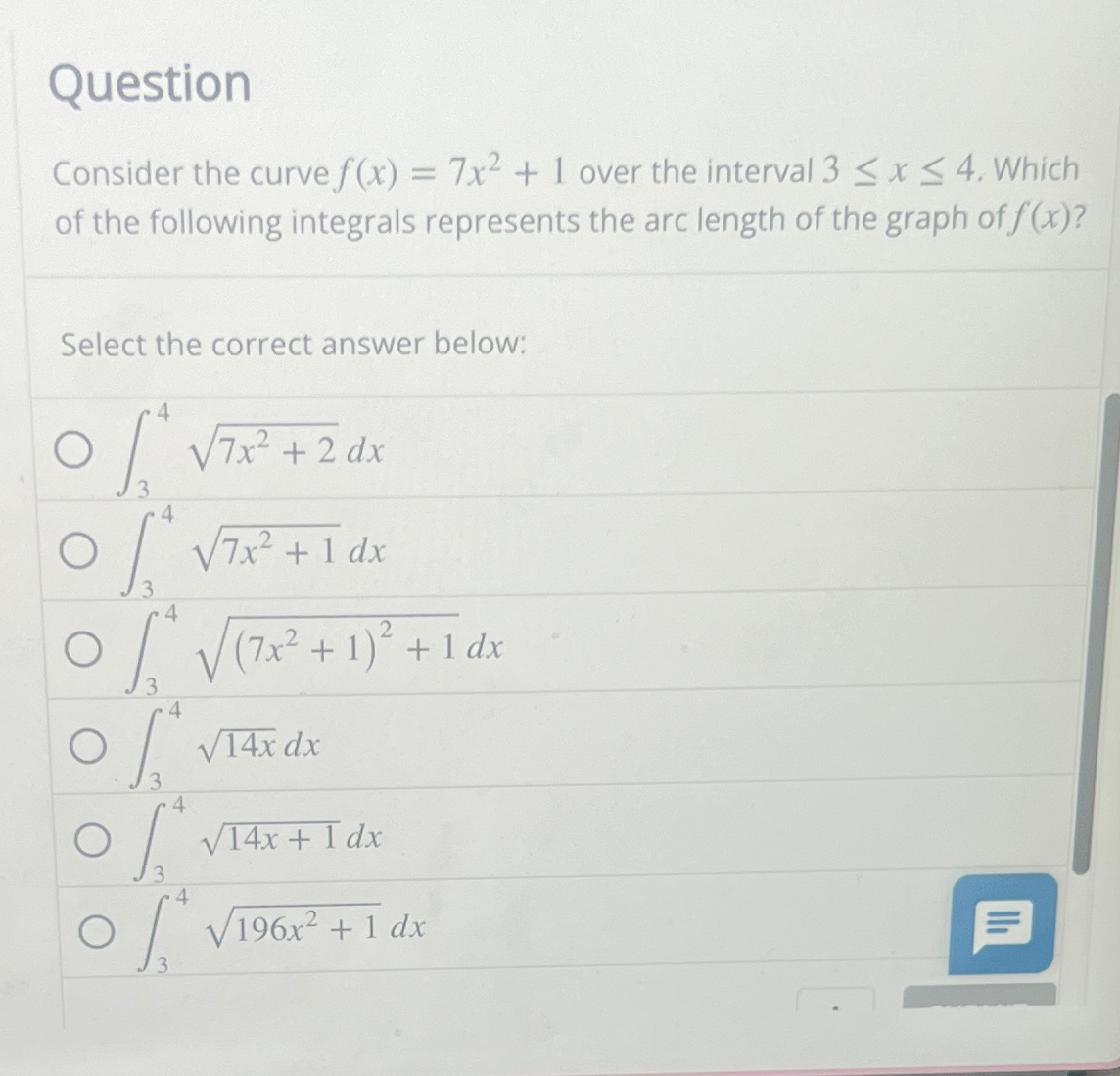 Solved QuestionConsider the curve f(x)=7x2+1 ﻿over the | Chegg.com