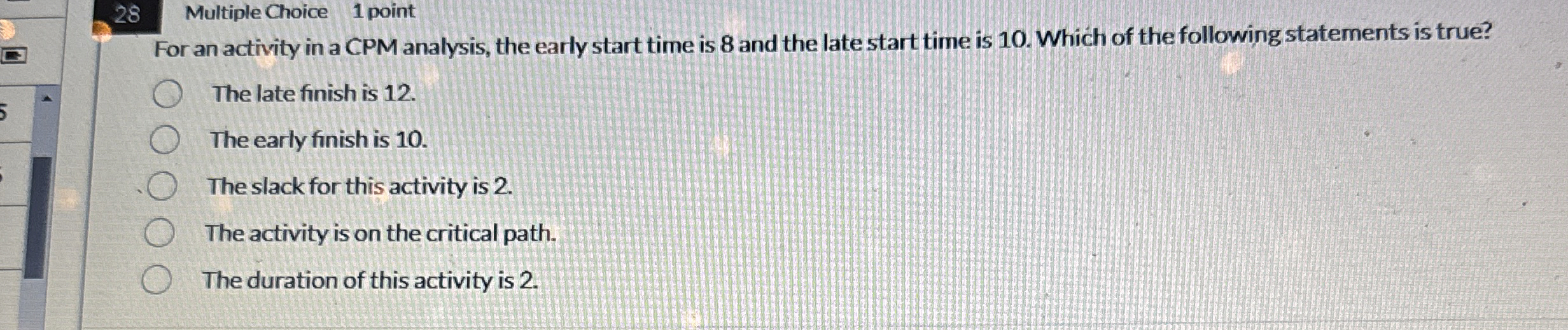 Solved 28 ﻿Multiple Choice1 ﻿pointFor an activity in a CPM | Chegg.com