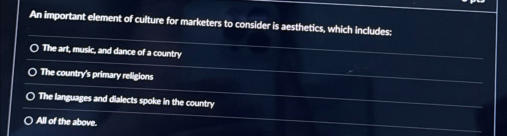 Solved An important element of culture for marketers to | Chegg.com