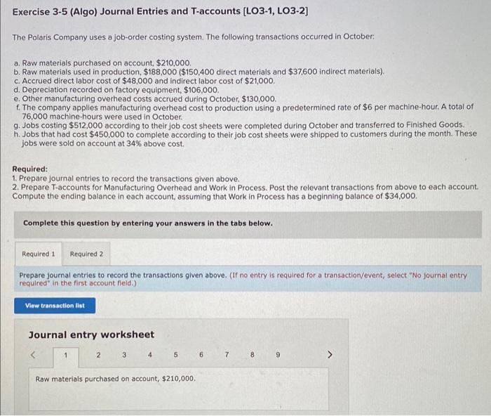 Solved Exercise 3-5 (Algo) Journal Entries and T-accounts | Chegg.com