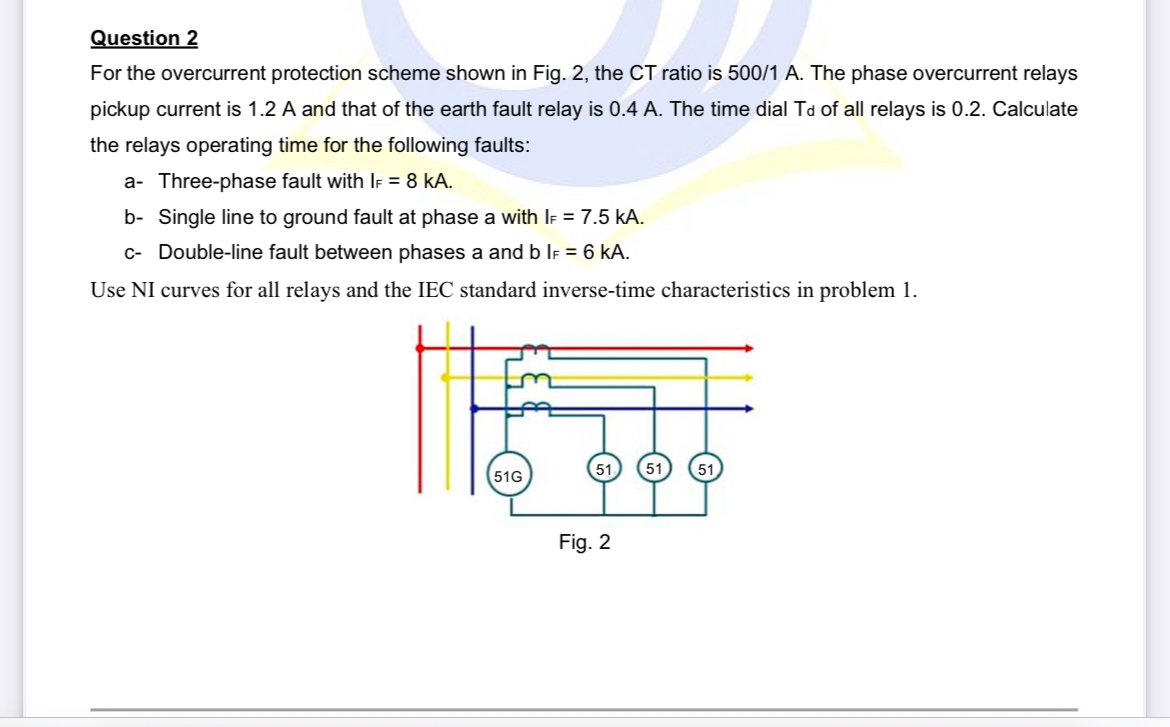 Question 2for The Overcurrent Protection Scheme Shown