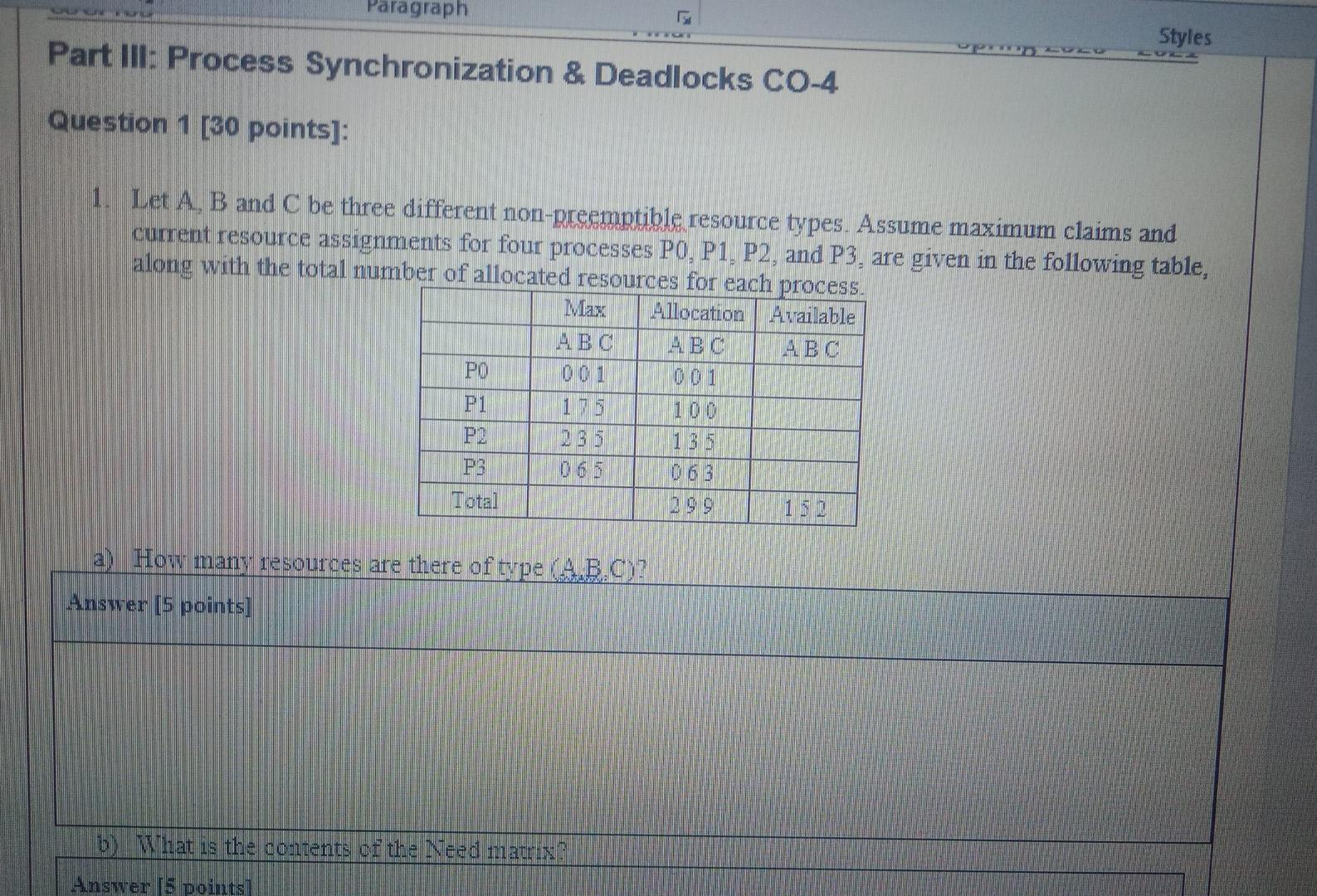 Solved Paragraph Styles Part III: Process Synchronization & | Chegg.com