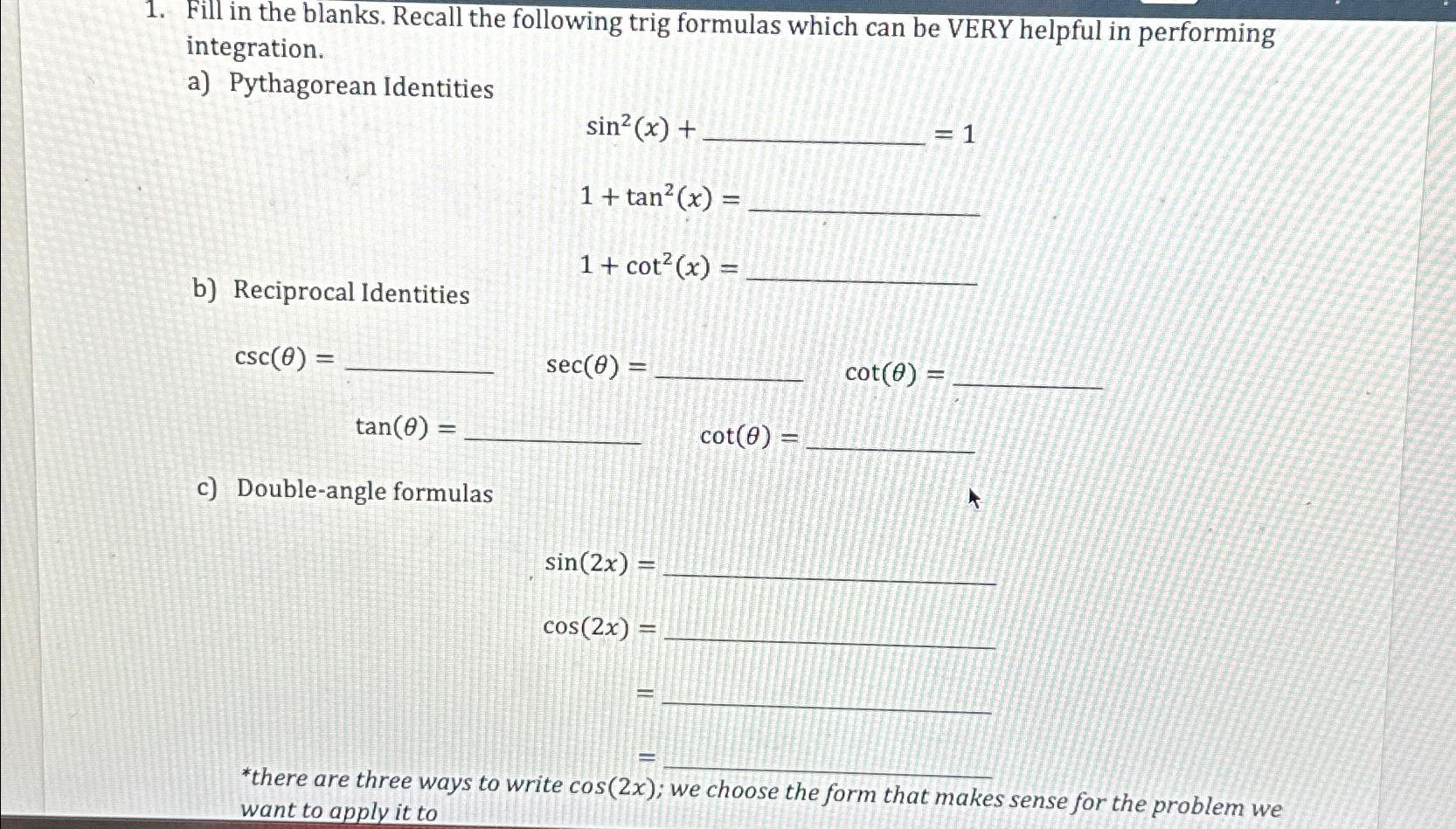 Solved Fill In The Blanks Recall The Following Trig 