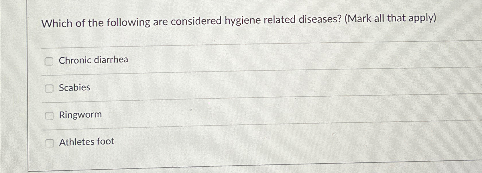 Solved Which of the following are considered hygiene related | Chegg.com
