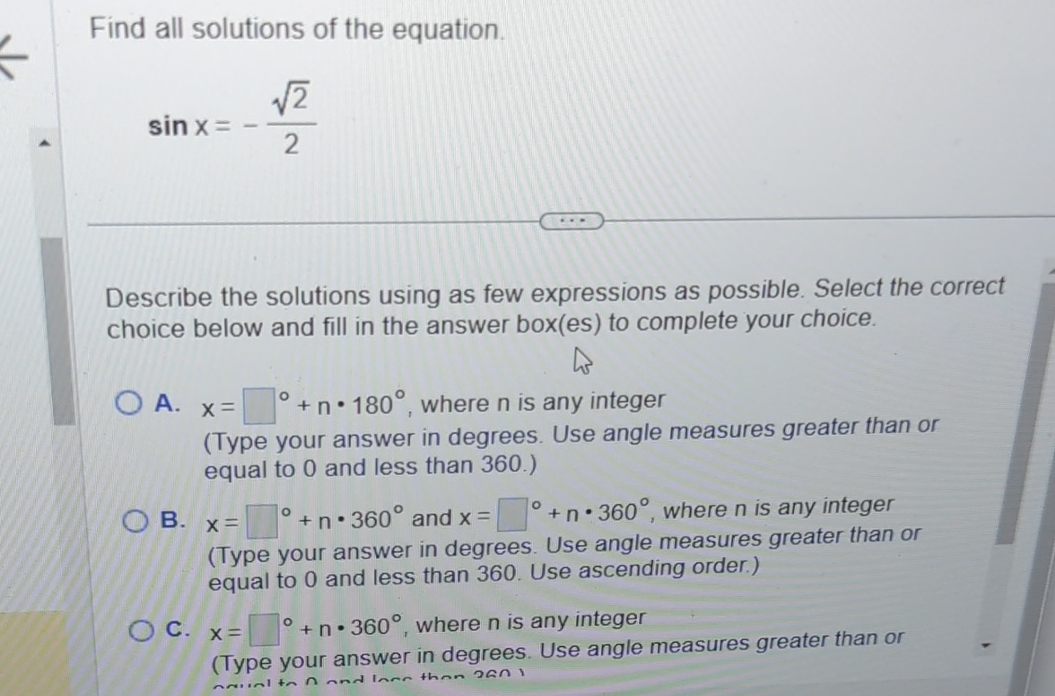 Solved Find all solutions of the equation.sinx=-222Describe | Chegg.com