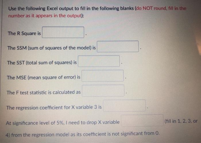 Solved Use the following Excel output to fill in the | Chegg.com