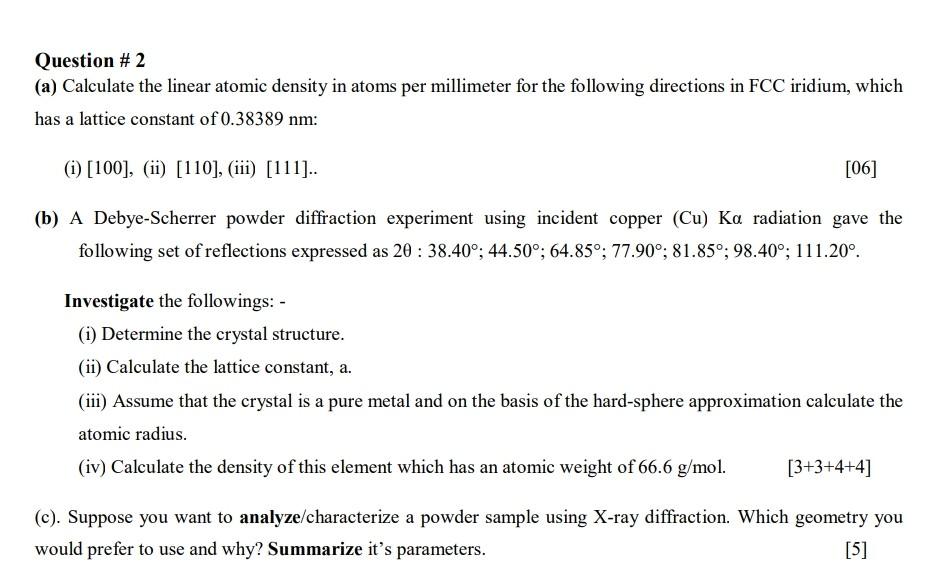 Solved Question # 2 (a) Calculate the linear atomic density | Chegg.com