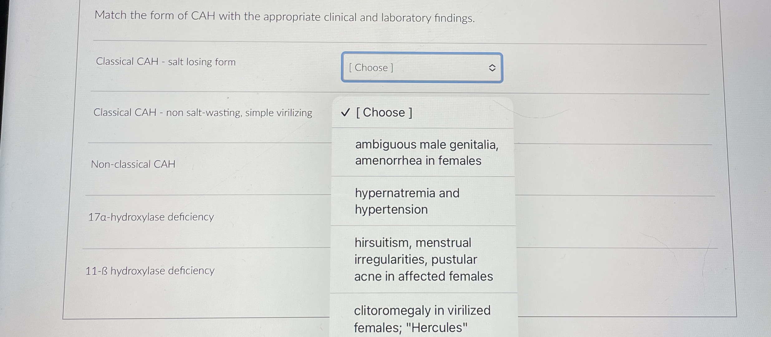 Solved Match the form of CAH with the appropriate clinical | Chegg.com