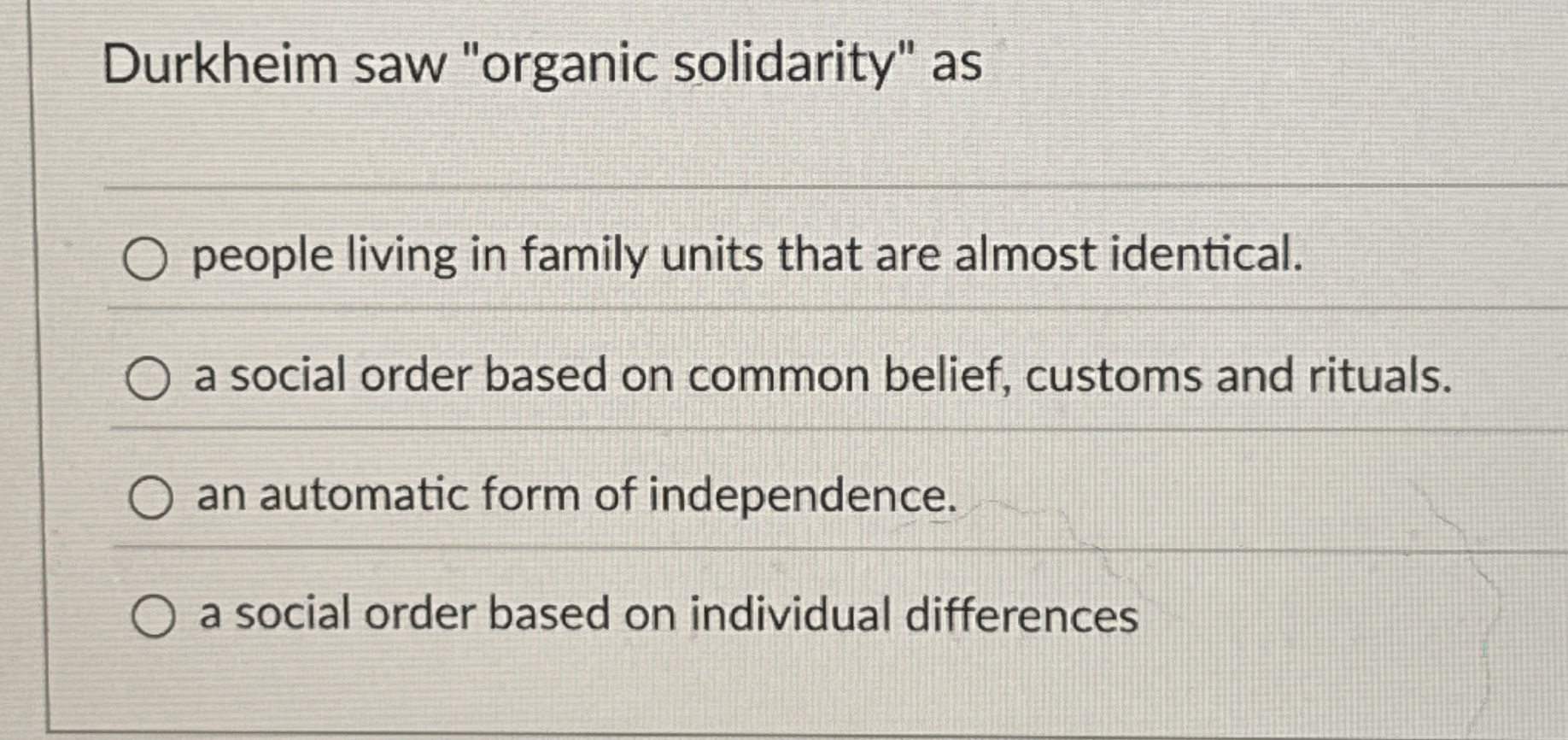 Solved Durkheim saw "organic solidarity" aspeople living in | Chegg.com