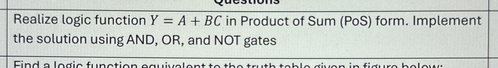 Solved by an EXPERT Realize logic function Y=A+BC ﻿in Product of Sum | Chegg.com