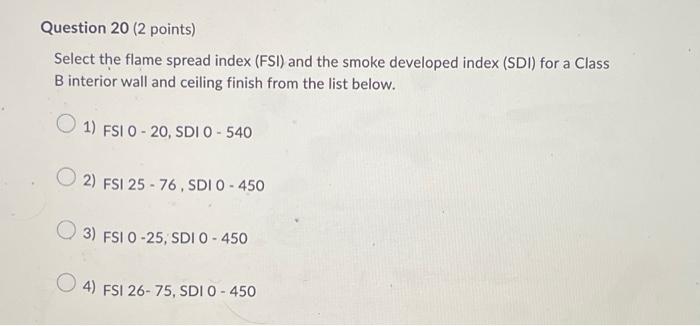Solved Question 20 (2 points) Select the flame spread index | Chegg.com
