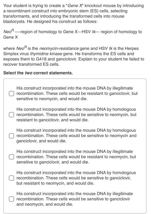 Solved Your student is trying to create a "Gene Xn knockout | Chegg.com