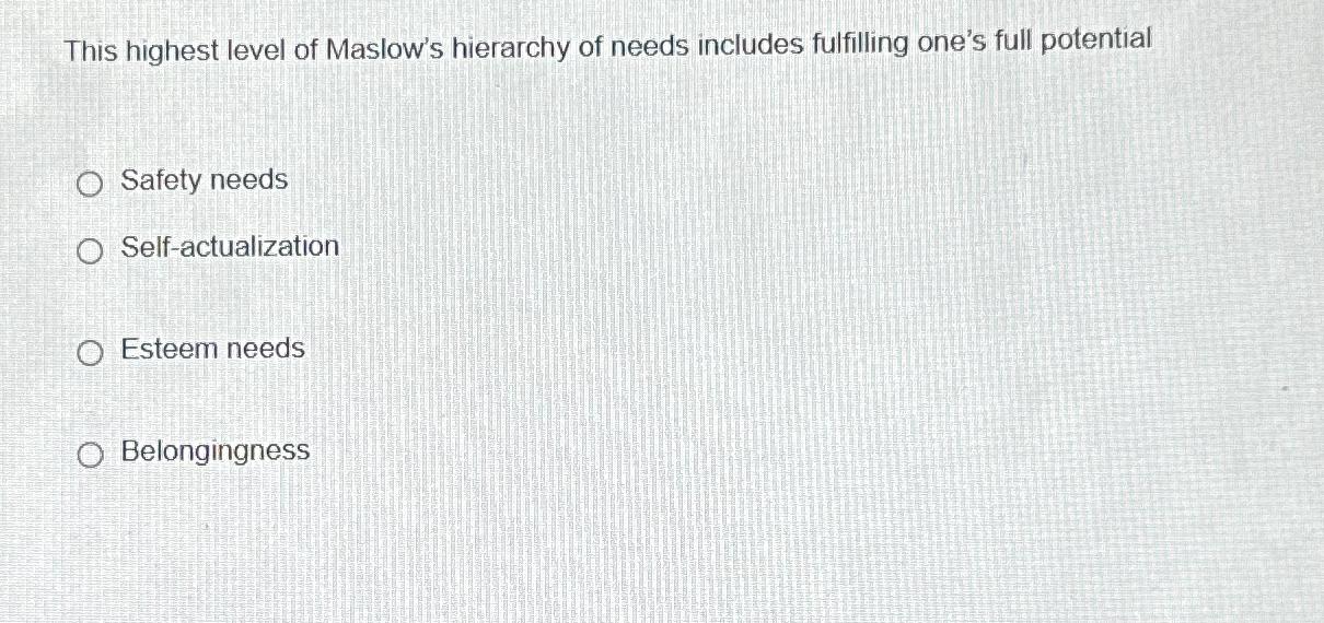 Solved This highest level of Maslow's hierarchy of needs | Chegg.com
