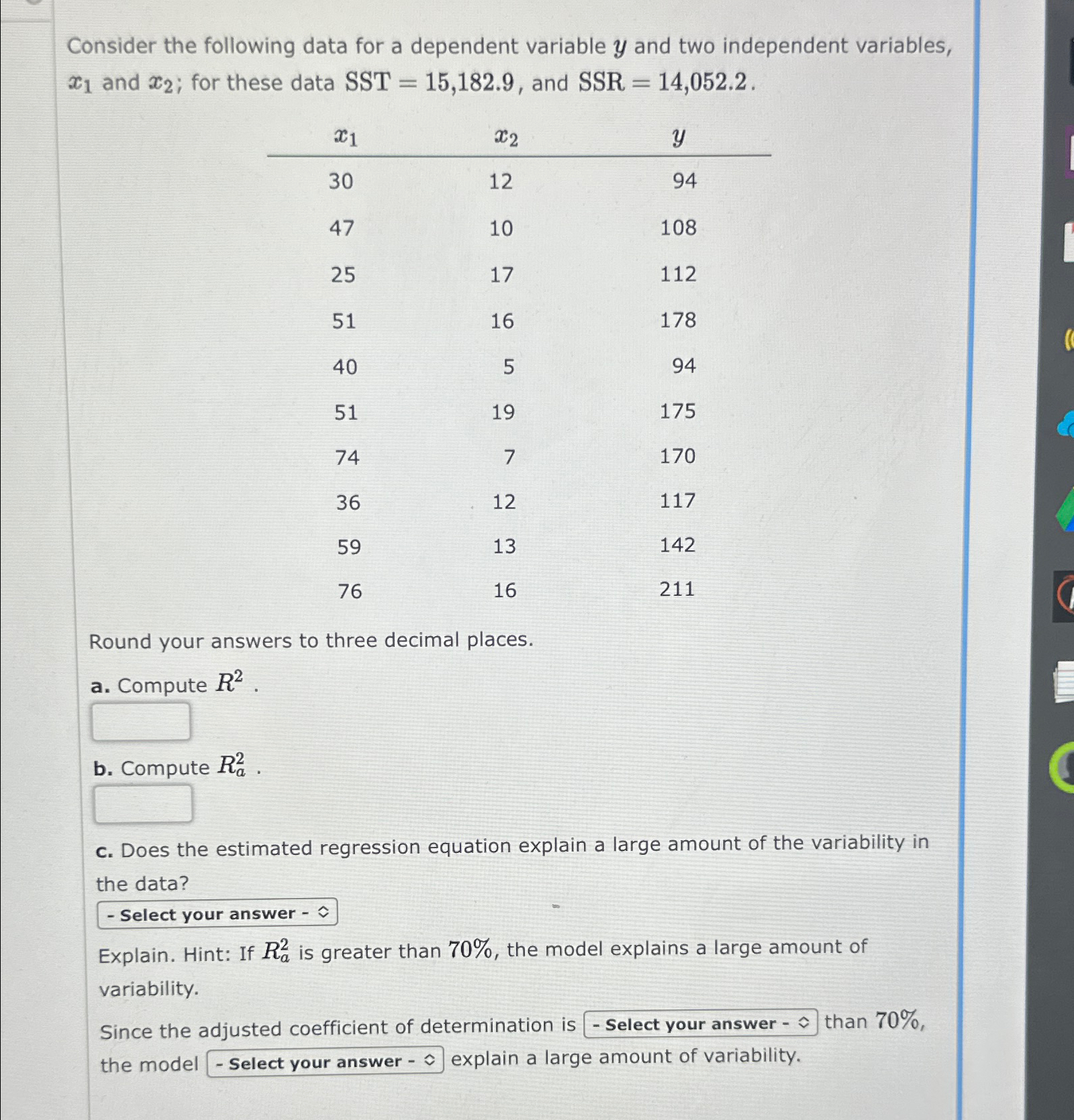 Consider the following data for a dependent variable | Chegg.com