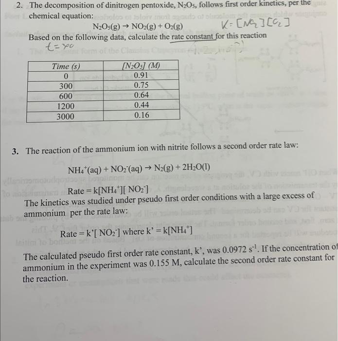Solved 2. The decomposition of dinitrogen pentoxide, N2O5, | Chegg.com