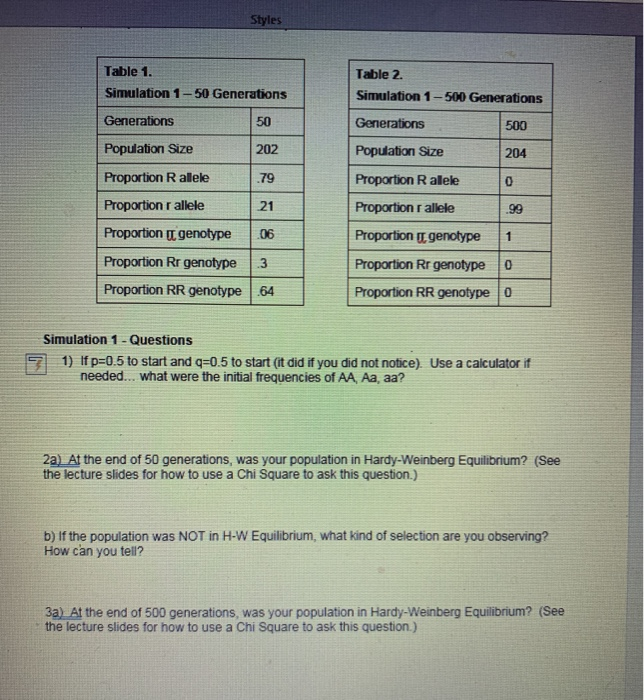 Solved Styles Table 1. Simulation 1-50 Generations Table 2. | Chegg.com