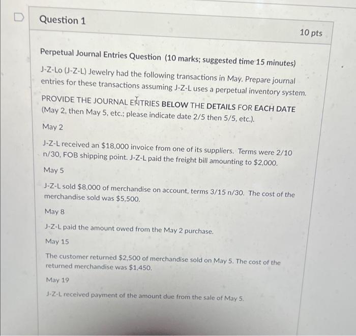 Solved Question 1 10 pts Perpetual Journal Entries Question | Chegg.com