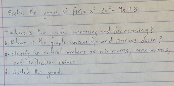 Solved Sketch the graph of f(x)=x3−3x2−9x+3 a. Where is the | Chegg.com