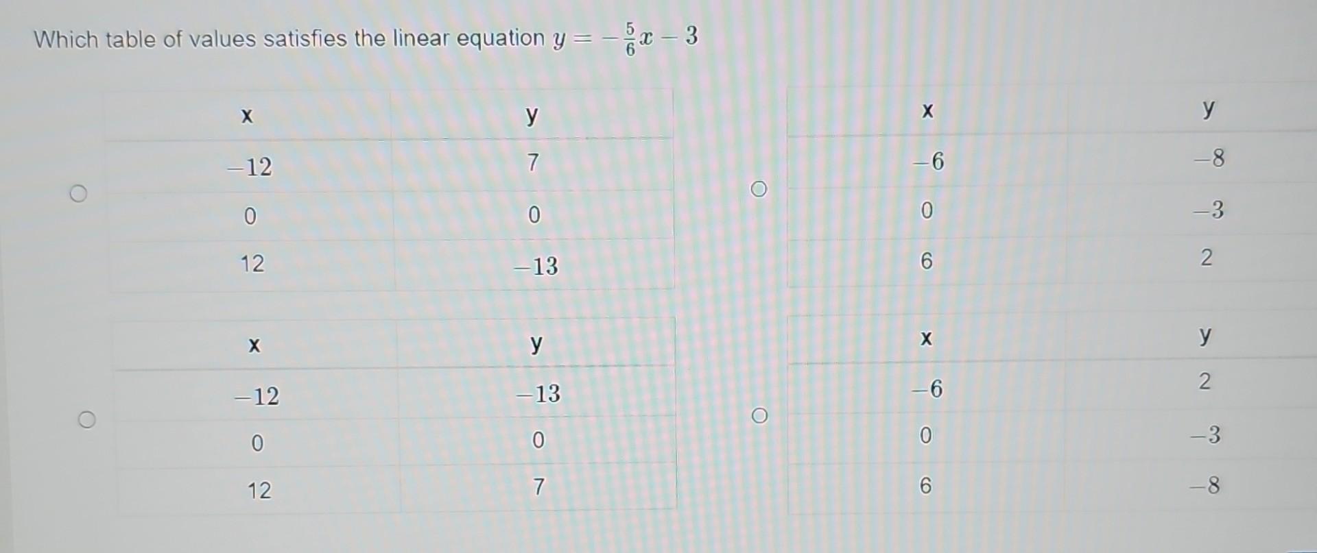 Solved Which Table Of Values Satisfies The Linear Equation