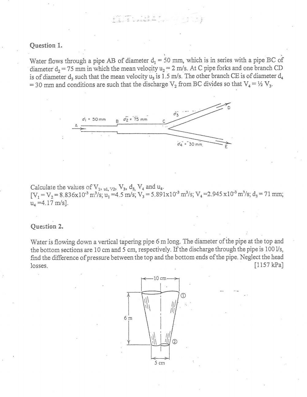 Solved Water flows through a pipe AB of diameter d1=50 mm, | Chegg.com