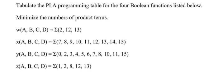 Solved Tabulate the PLA programming table for the four | Chegg.com