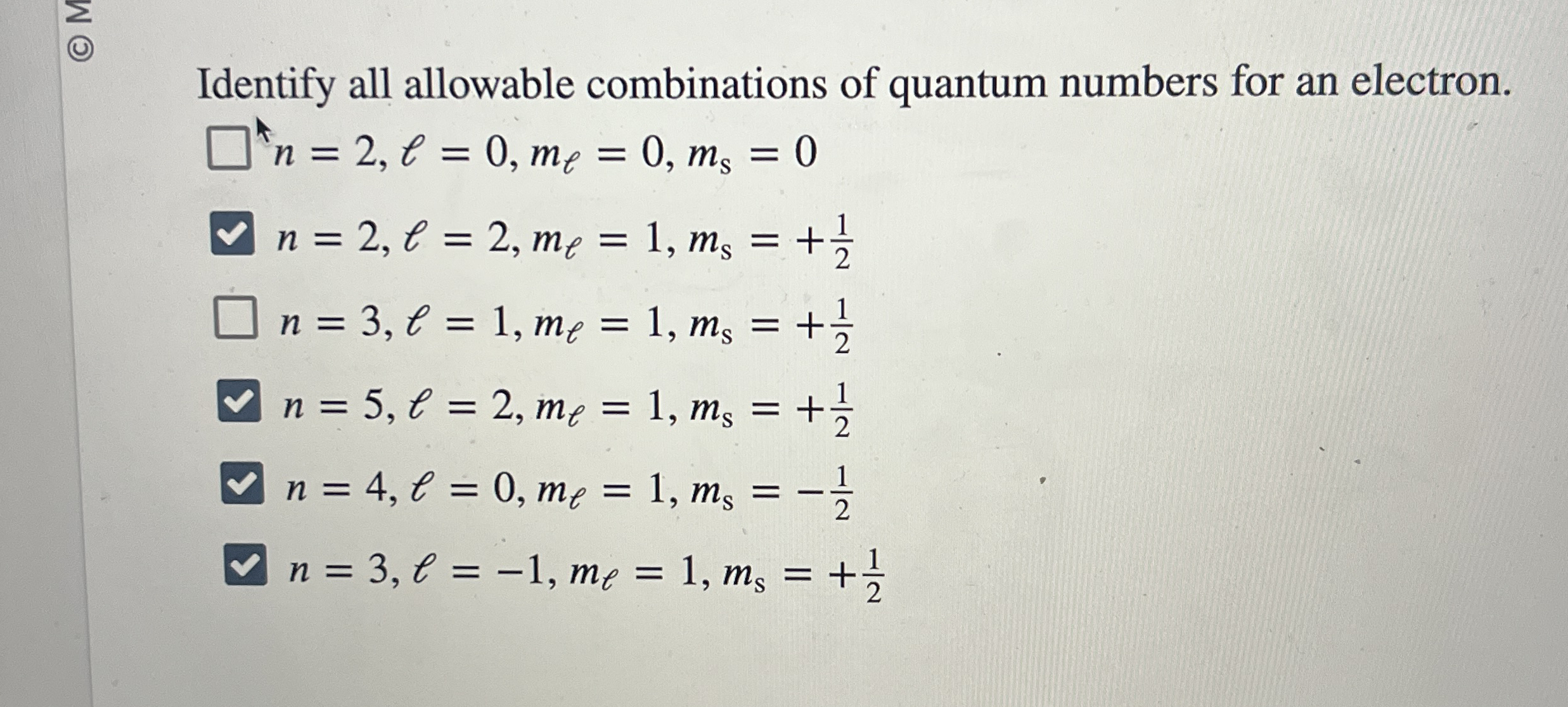 Solved Identify all allowable combinations of quantum | Chegg.com