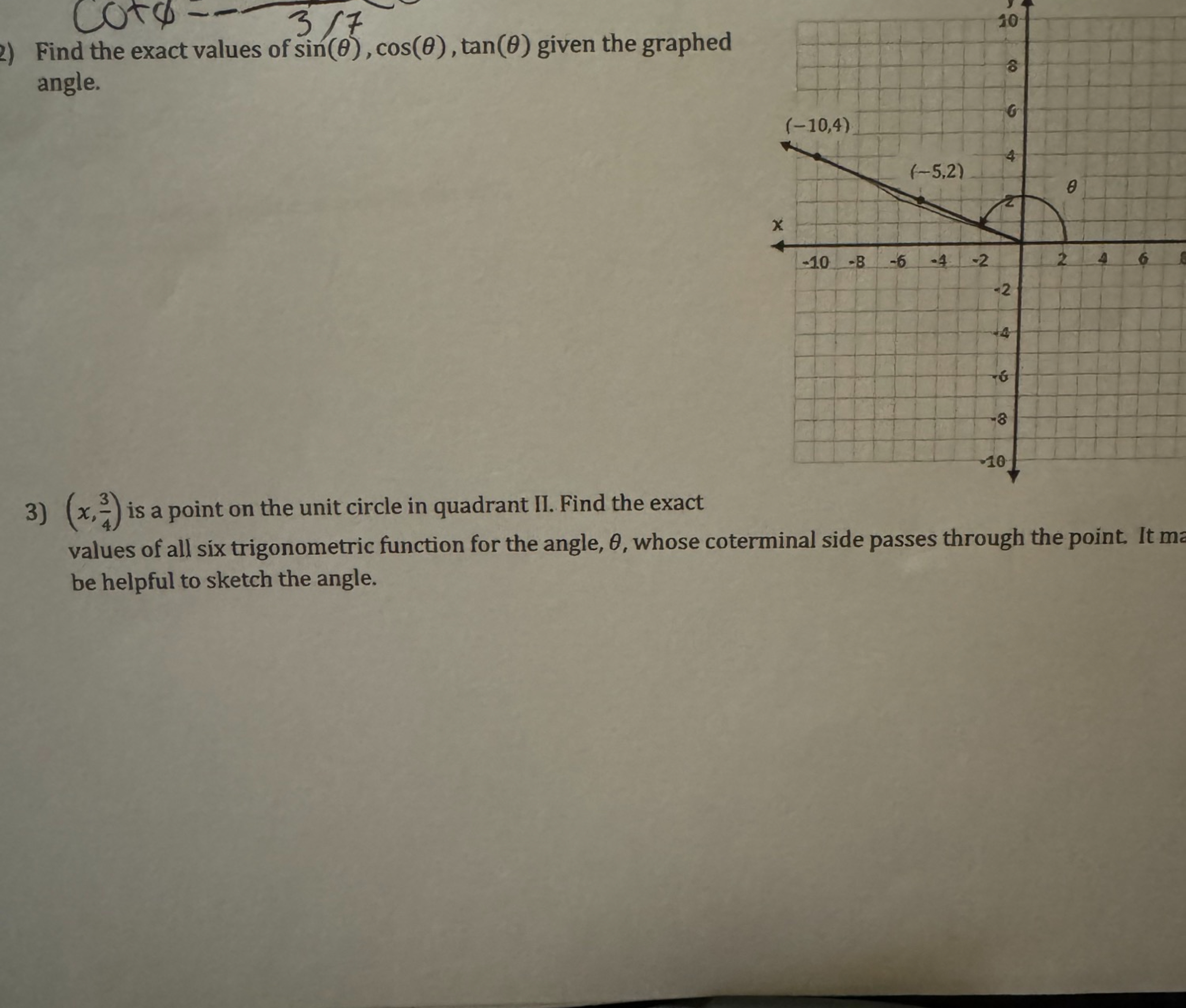 Solved Find the exact values of sin,cos,tan given the | Chegg.com