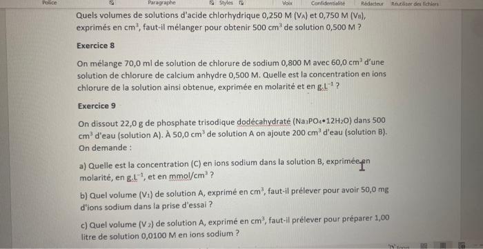 Solved Quels volumes de solutions d'acide chlorhydrique | Chegg.com