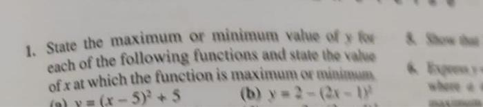 Solved 1. State the maximum of minimum value of y fos each | Chegg.com