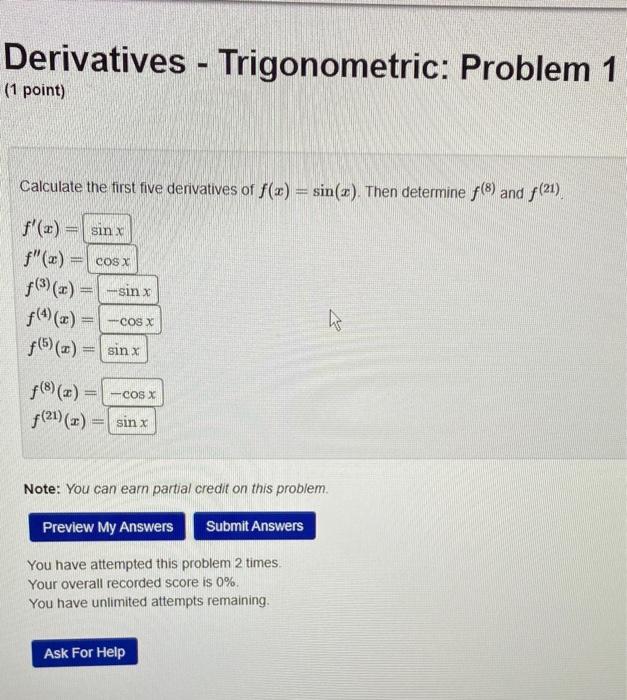 Solved Derivatives - Trigonometric: Problem 1 (1 point) | Chegg.com