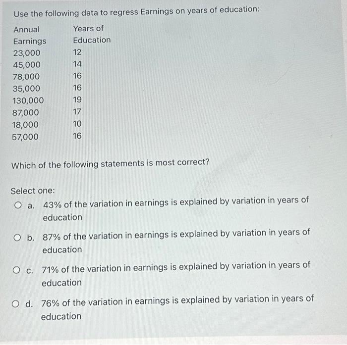 Solved Use the following data to regress Earnings on years | Chegg.com