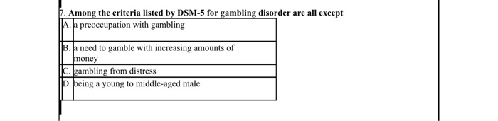 Solved 7. Among the criteria listed by DSM-5 for gambling | Chegg.com