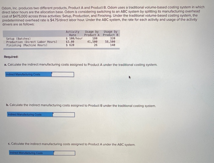Solved Odom, Inc. produces two different products, Product A | Chegg.com