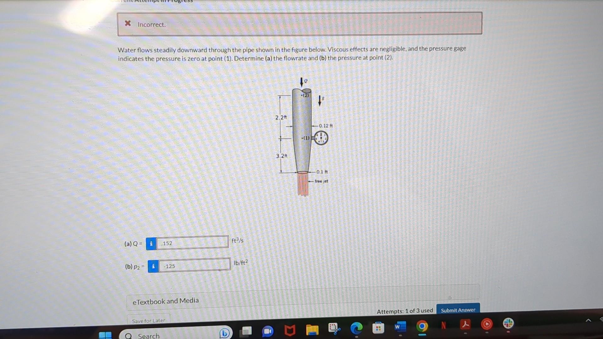 Solved Water flows steadily downward through the pipe shown | Chegg.com