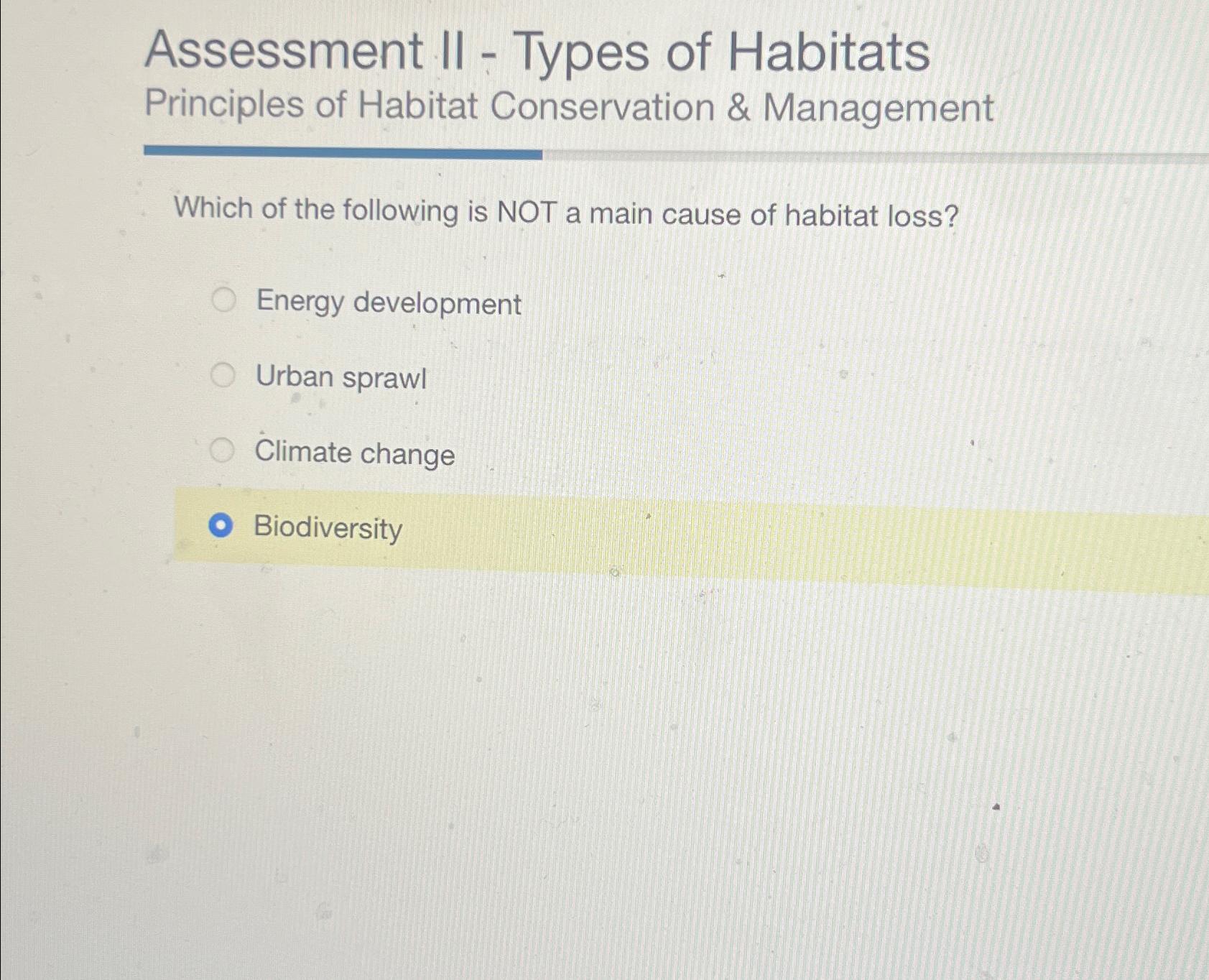 Solved Assessment II - ﻿Types of Habitats Principles of | Chegg.com