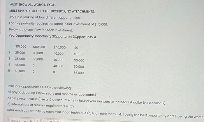 Solved MUST SHOW ALL WORK IN EXCEL MUST UPLOAD EXCEL. TO THE | Chegg.com