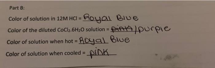Solved Part B: Color of solution in 12M HCI = Royal Blue | Chegg.com