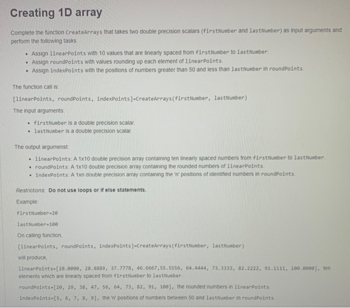 Creating 1d Array Complete The Function Create Arrays
